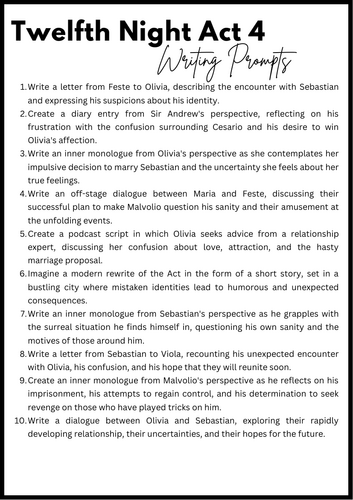 Twelfth Night Act 4 Post-Reading Creative Writing Prompts | Teaching ...