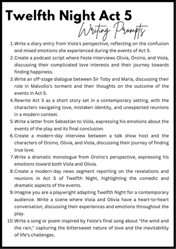 Twelfth Night Act 5 Post-Reading Creative Writing Prompts | Teaching ...