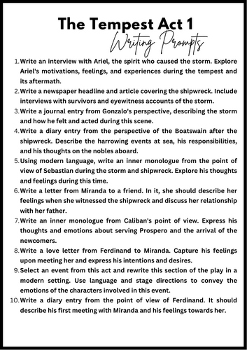 The Tempest Act 1 Post-Reading Creative Writing Prompts | Teaching ...