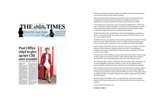 New Newspapers CSP Media GCSE (Post Office Scandal) | Teaching Resources