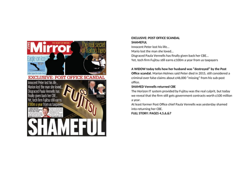 New Newspapers CSP Media GCSE (Post Office Scandal) | Teaching Resources