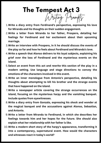 The Tempest Act 3 Post-Reading Creative Writing Prompts | Teaching ...