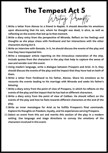 The Tempest Act 5 Post-Reading Creative Writing Prompts | Teaching ...