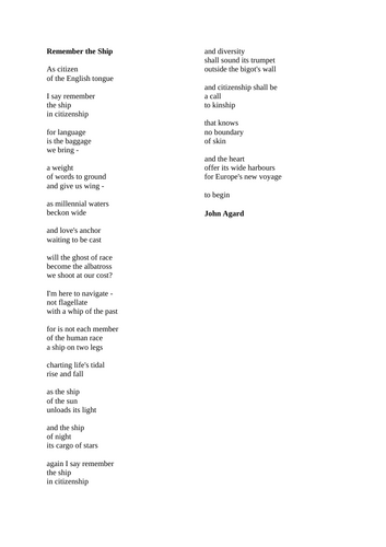 Agard Remember the Ship Poetry Lesson | Teaching Resources