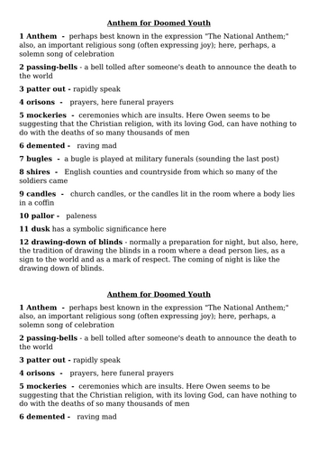 Wilfred Owen Anthem for Doomed Youth | Teaching Resources