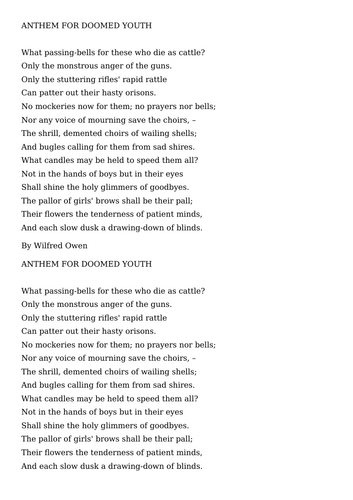 Wilfred Owen Anthem for Doomed Youth | Teaching Resources
