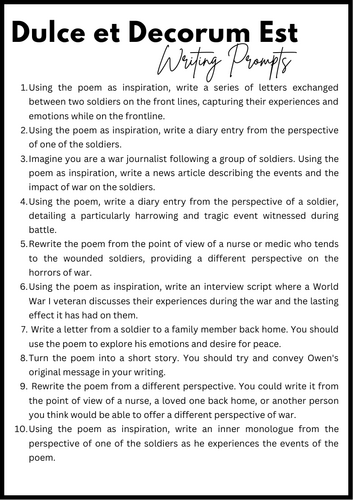 Dulce et Decorum Est Post-Reading Creative Writing Prompts | Teaching ...