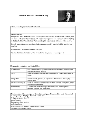 Hardy The Man he Killed Poetry Edexcel Conflict / War Theme KS4 ...