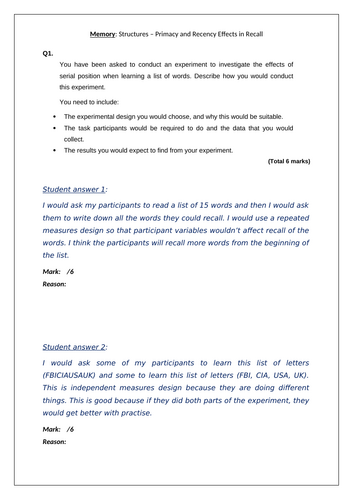 AQA GCSE Psychology: PRIMACY AND RECENCY EFFECTS IN RECALL [Memory ...