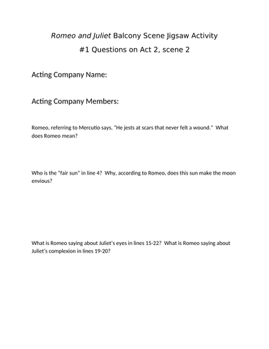 Romeo and Juliet Balcony Scene Jigsaw Activity | Teaching Resources