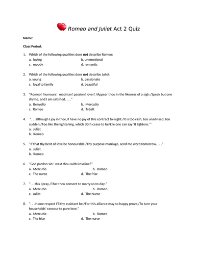 Romeo and Juliet Act II Quiz | Teaching Resources