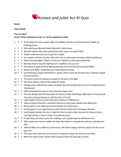 Rome and Juliet Act III Quiz | Teaching Resources