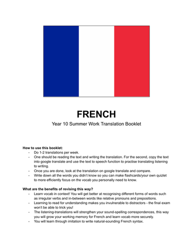 French: Year 10 Summer Revision Translation Pack | Teaching Resources
