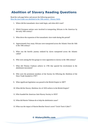 Abolition of Slavery Reading Questions Worksheet | Teaching Resources