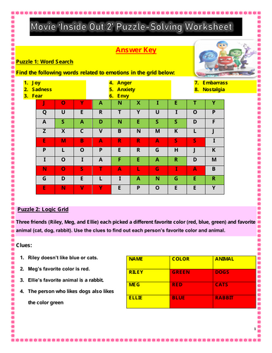 Worksheet Collection Movie "Inside Out 2" (2024) with Keys | Teaching ...