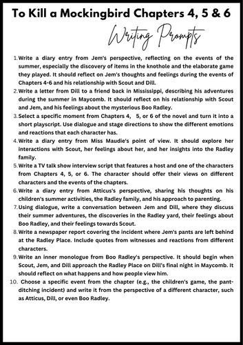 To Kill a Mockingbird Chapters 4, 5 and 6 Post-Reading Creative Writing ...