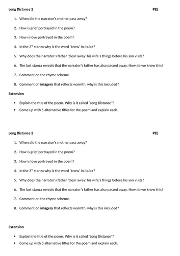 Long Distance 2 poem resources | Teaching Resources