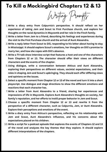 To Kill a Mockingbird Chapters 12 and 13 Post-Reading Creative Writing ...