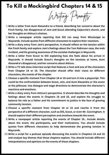 To Kill a Mockingbird Chapters 14 and 15 Post-Reading Creative Writing ...