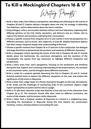 To Kill a Mockingbird Chapters 16 and 17 Post-Reading Creative Writing ...