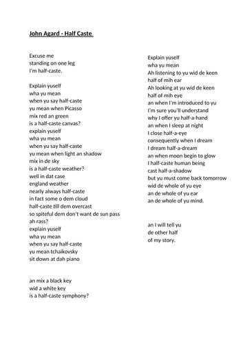 Half-caste poem by John Agard resources | Teaching Resources