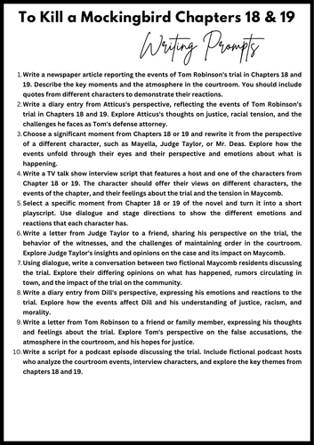 To Kill a Mockingbird Chapters 18 and 19 Post-Reading Creative Writing ...