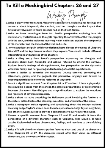 To Kill a Mockingbird Chapters 26 and 27 Post-Reading Creative Writing ...