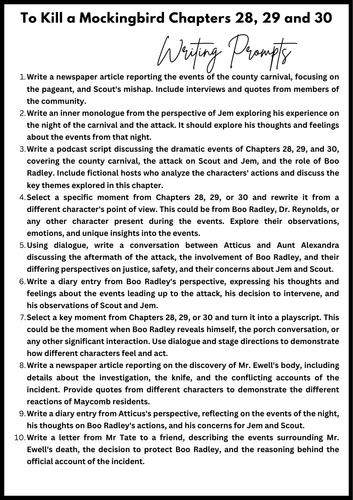 To Kill a Mockingbird Chapters 28, 29 30 Post-Reading Creative Writing ...