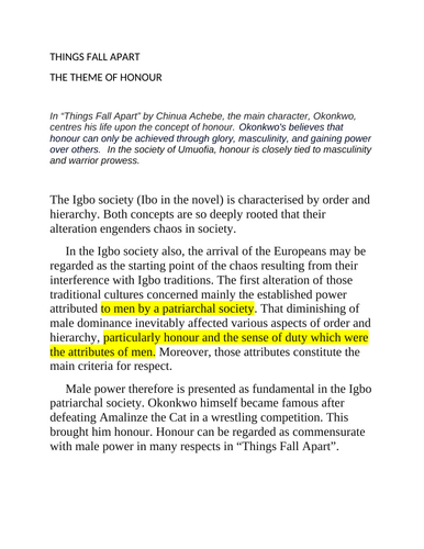 GCSE ENGLISH LITERATURE the theme of honour in "Things Fall Apart ...