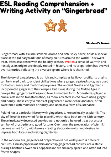 ESL Reading Comprehension + Writing Activity Worksheets on Gingerbread ...