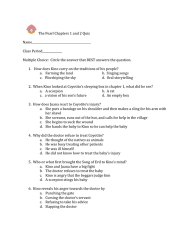 The Pearl Chapters 1-2 Quiz | Teaching Resources