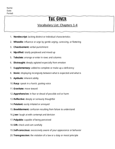 The Giver: Vocabulary Lists and Quizzes | Teaching Resources