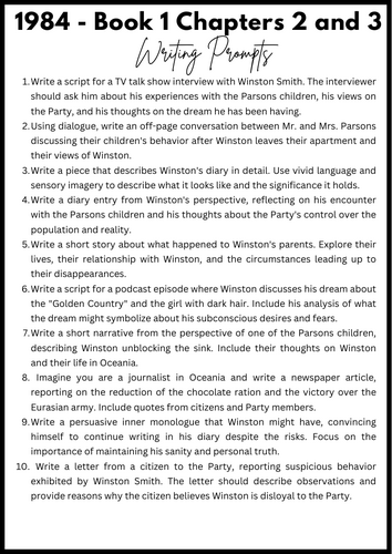 1984 Book 1 Chapters 2 and 3 Post-Reading Creative Writing Prompts ...