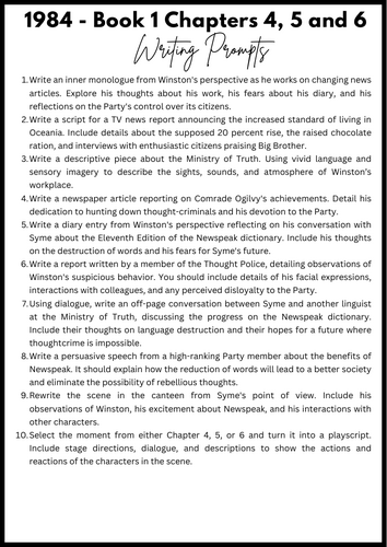 1984 Book 1 Chapters 4, 5, and 6 Post-Reading Creative Writing Review ...