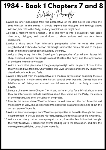 1984 Book 1 Chapters 7 and 8 Post-Reading Creative Writing Prompts ...
