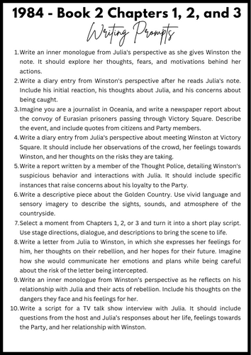 1984 Book 2 Chapters 1, 2, and 3 Post-Reading Creative Writing Prompts ...