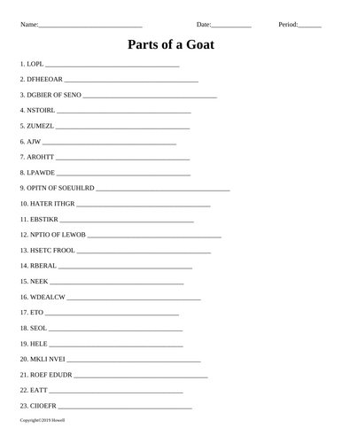 Parts of a Goat Word Scramble for a Livestock Ag. Course | Teaching ...