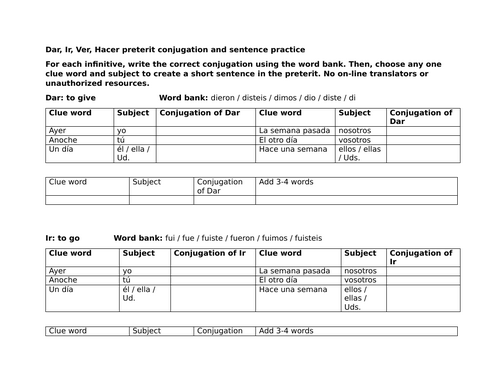 Dar, Ir, Ver, Hacer preterit conjugation and sentence practice ...