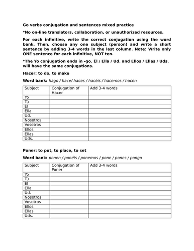 Go verbs conjugation and sentences mixed practice | Teaching Resources