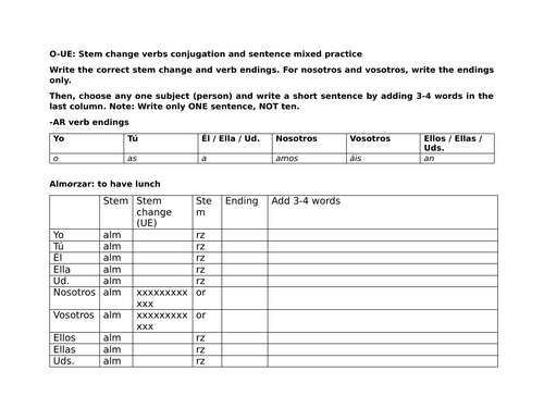 O-UE: Stem change verbs conjugation and sentence mixed practice ...