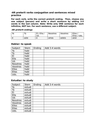 -AR preterit verbs conjugation and sentences mixed practice | Teaching ...