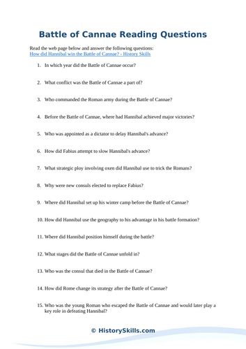 Battle of Cannae Reading Questions Worksheet | Teaching Resources
