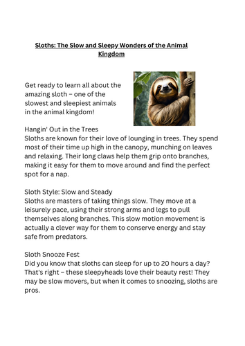 Sloth Comprehension | Teaching Resources