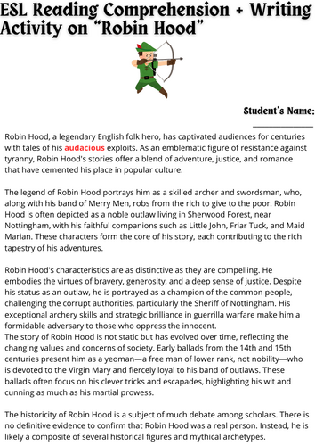 ESL Reading Comprehension + Writing Activity Worksheets on "Robin Hood ...