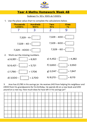 Year 4 Maths Revision Booklet - Subtraction | Teaching Resources