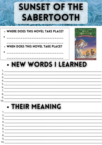 ESL Novel Study Worksheets on "Sunset of the Sabertooth" - Magic Tree ...