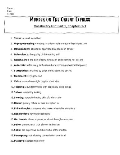 Murder on the Orient Express Vocabulary Lists and Quizzes | Teaching ...