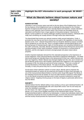 A LEVEL GOVERNMENT AND POLITICS. LIBERALISM LESSON 1: HUMAN NATURE AND ...