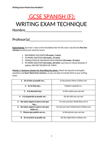 Spanish GCSE - Writing Exam technique booklet (Foundation) | Teaching ...