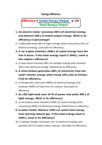 Energy Efficiency Calculations | Teaching Resources